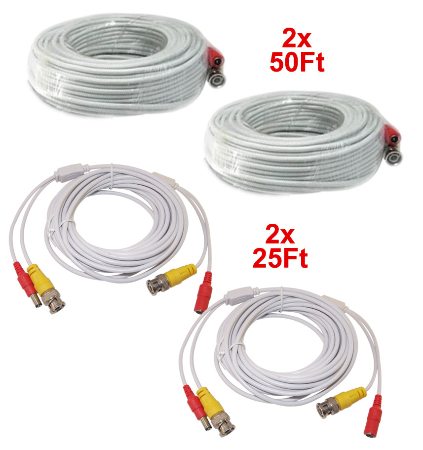 2pcs 50 Feet & 2pcs 25 Feet Power Video Ready-Made White Cables for CC