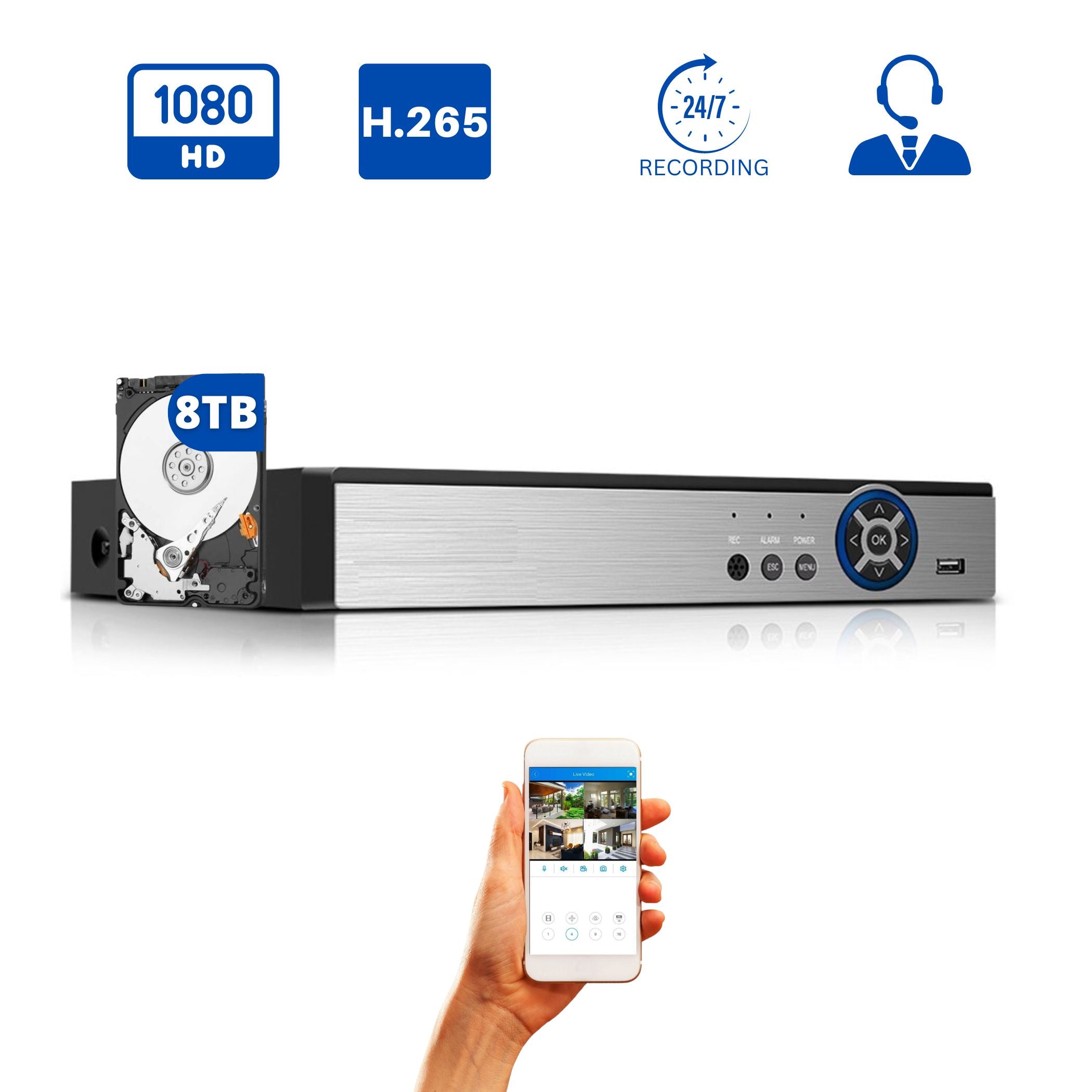 16 Channel 8TB HDD H.265 High-Definition Hybrid TVI AHD CVI Analog Hom