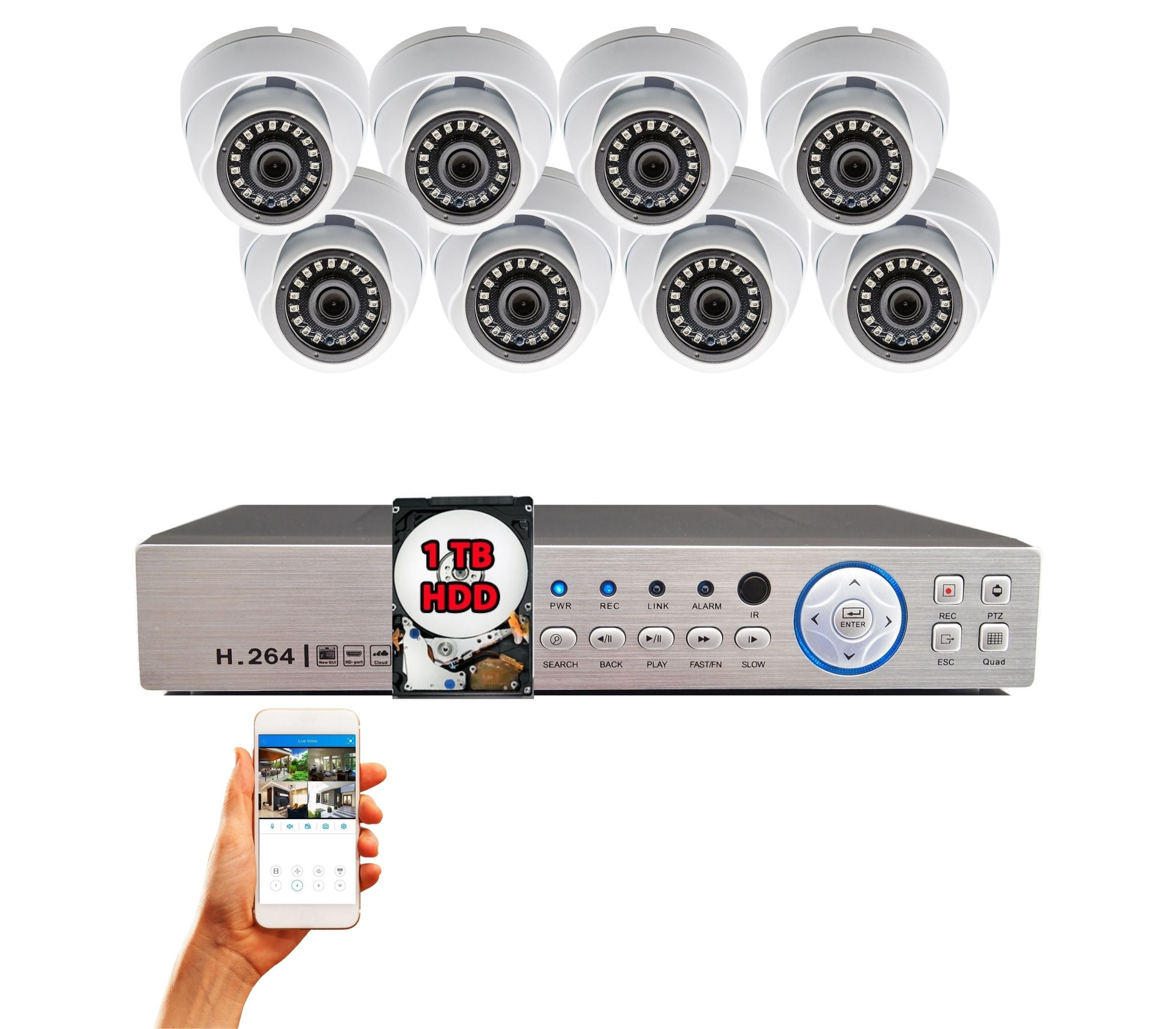 8 Channel security surveillance system with 1080p dome cameras, HD DVR